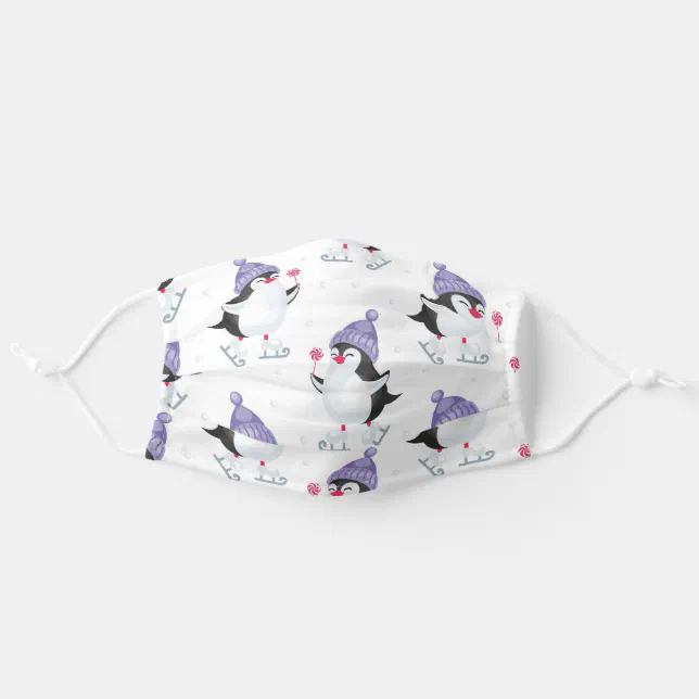 Cute Ice Skating Penguins Christmas Holiday Adult Cloth Face Mask | Zazzle