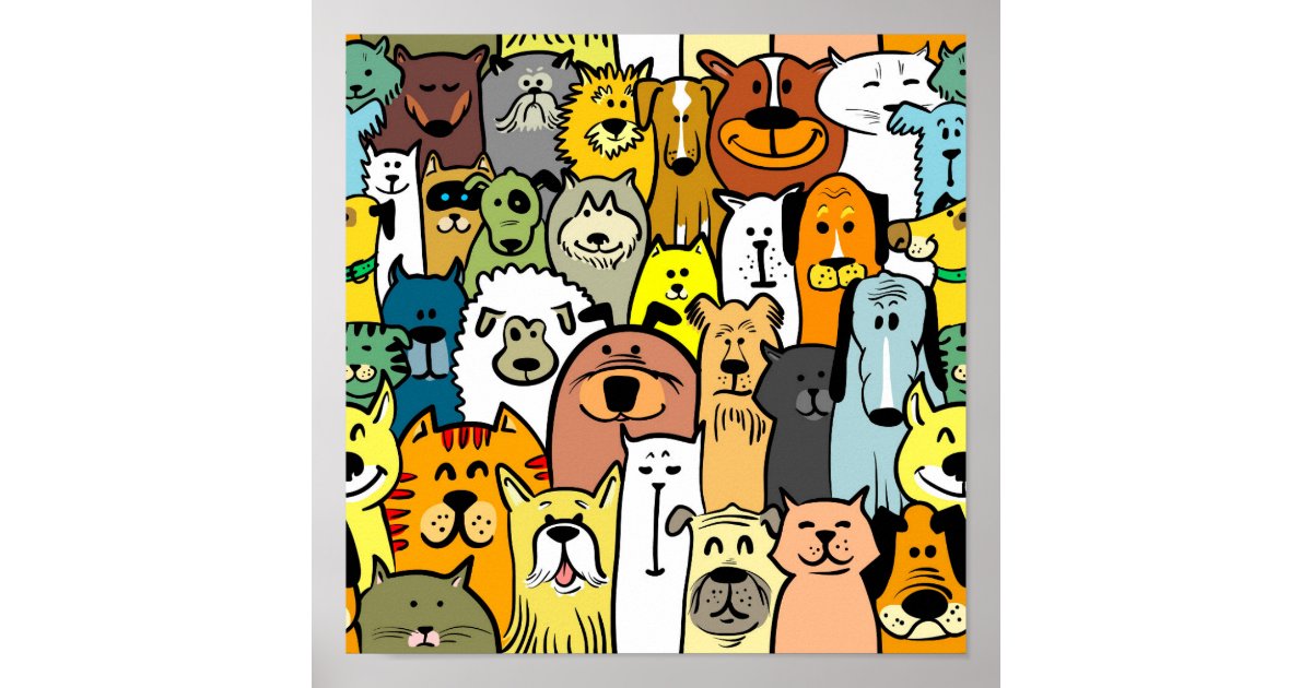 Cute illustrated cats and dogs poster | Zazzle