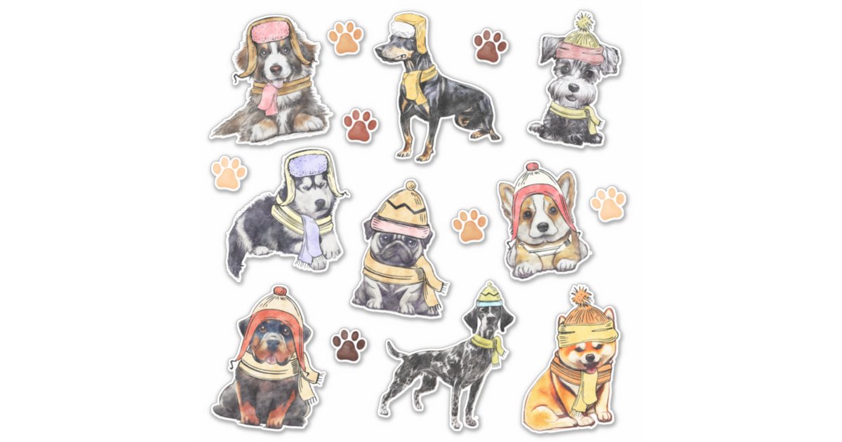 Cute Illustrated Dogs Christmas Paw Prints Winter Sticker | Zazzle