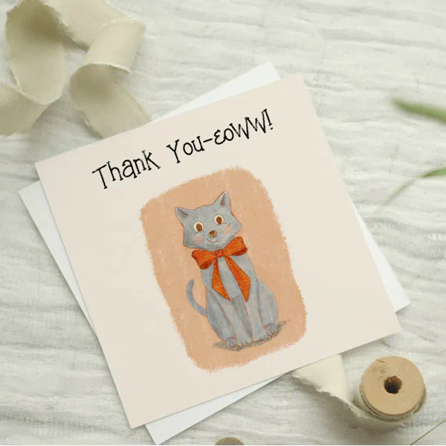 Cute Illustrated Grey Cat With Bow Thank You Card | Zazzle
