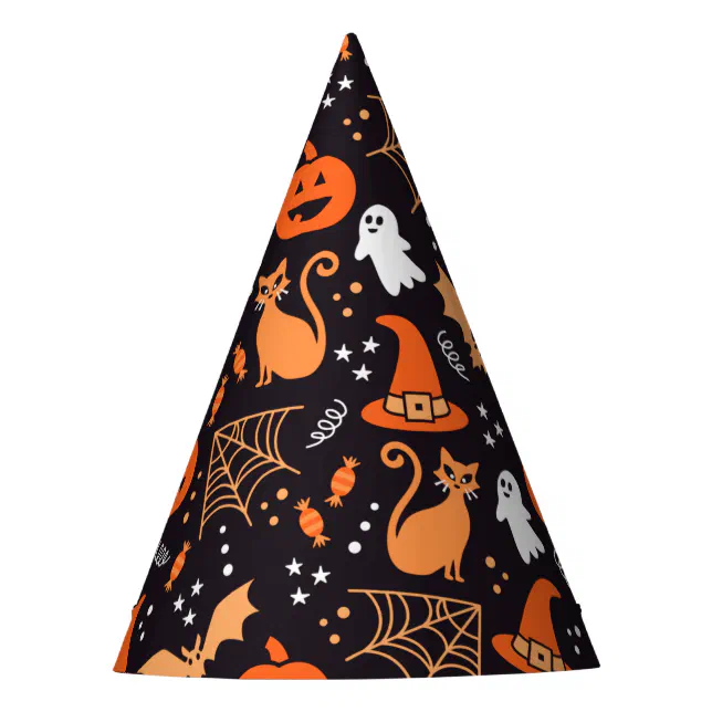 Cute Illustrated halloween characters on black bg Party Hat | Zazzle