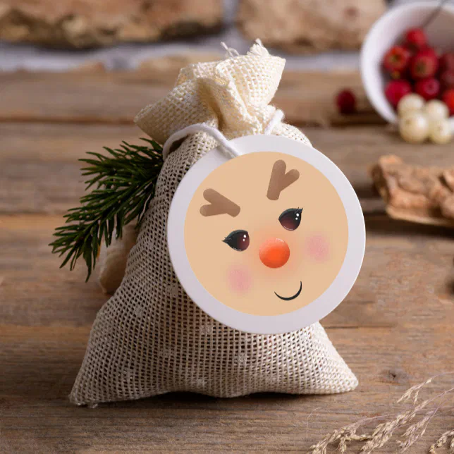 Cute Illustrated Reindeer Face Classic Round Sticker | Zazzle