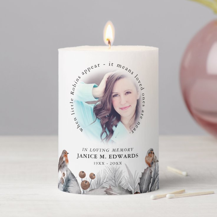 Cute 'In Loving Memory' Robin Photo Remembrance Pillar Candle | Zazzle