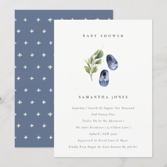 Cute Ink Blue Shoes Foliage Boy Baby Shower Invite | Zazzle