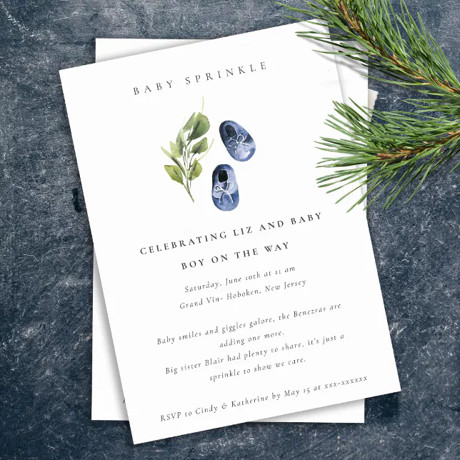 Cute Ink Blue Shoes Foliage Boy Baby Sprinkle Invitation | Zazzle