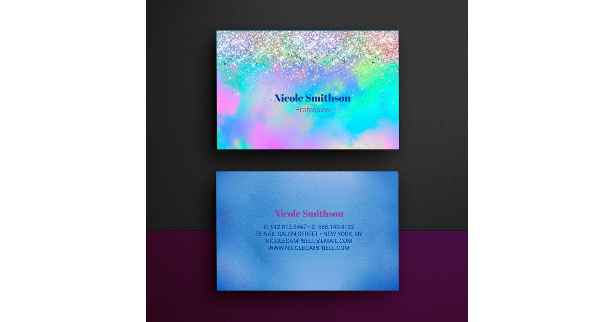 Cute iridescent holographic glitter monogram business card | Zazzle