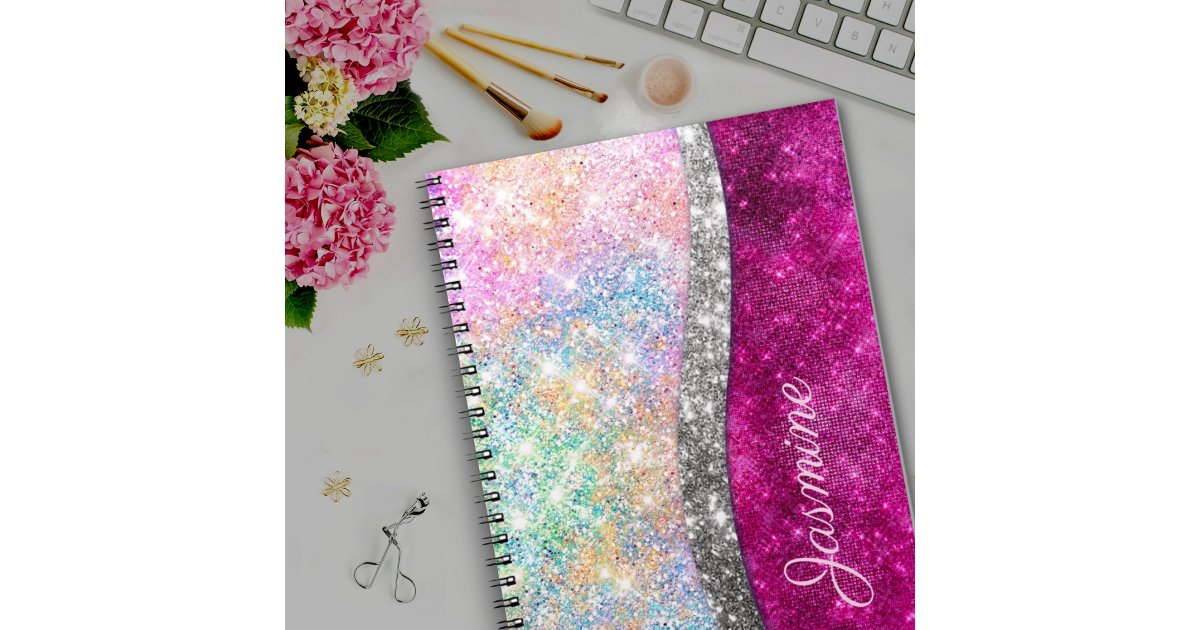 Cute iridescent pink silver faux glitter monogram notebook | Zazzle