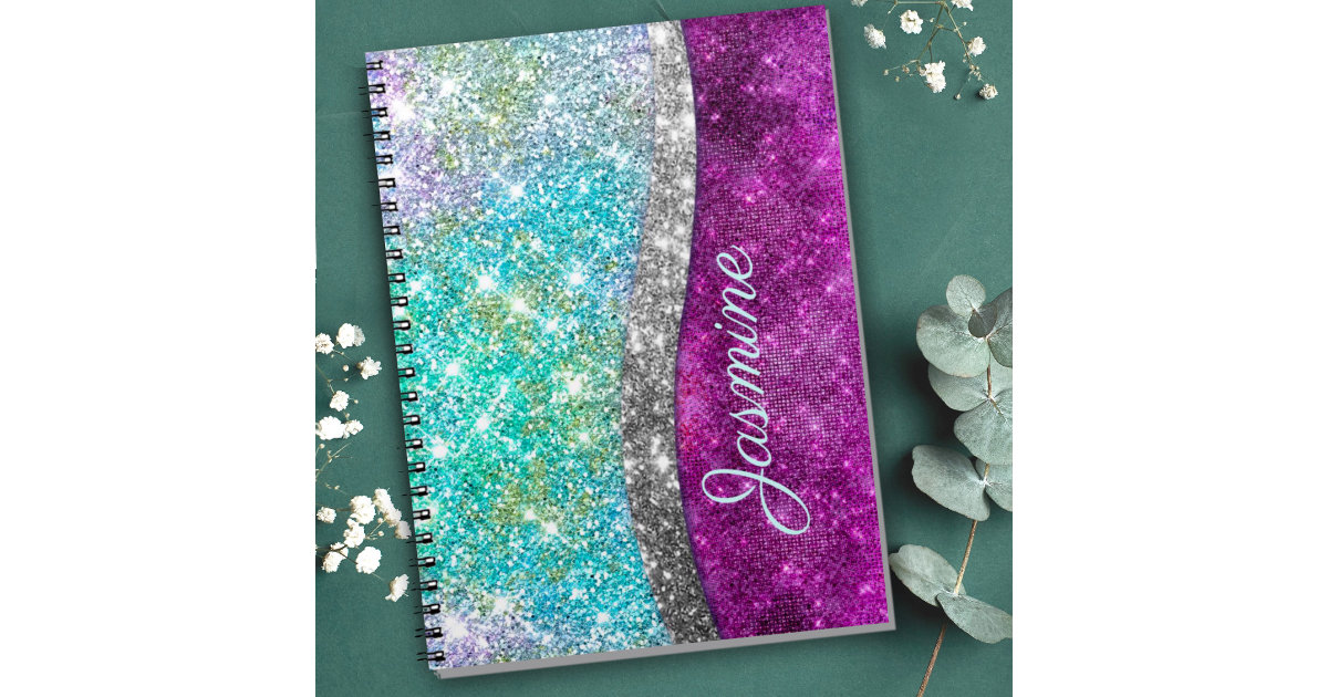 Cute iridescent purple teal faux glitter monogram notebook | Zazzle