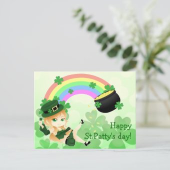 Cute Irish chibi leprechaun girl with pot of gold Postcard | Zazzle