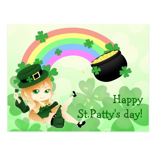 Cute Irish chibi leprechaun girl with pot of gold Postcard | Zazzle.com