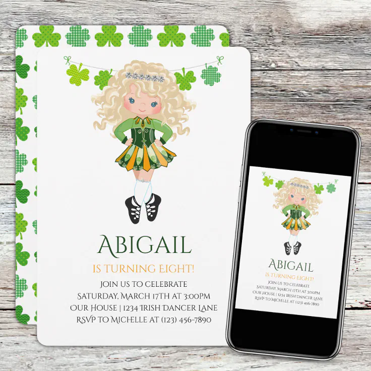 Cute Irish Dance Blond Girl Shamrocks Birthday Invitation | Zazzle