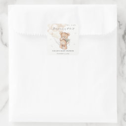Cute Ivory Bearly Wait Bear Balloon Baby Shower Square Sticker | Zazzle
