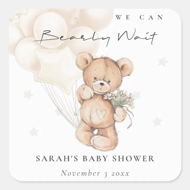 Cute Ivory Bearly Wait Bear Balloon Baby Shower Square Sticker | Zazzle