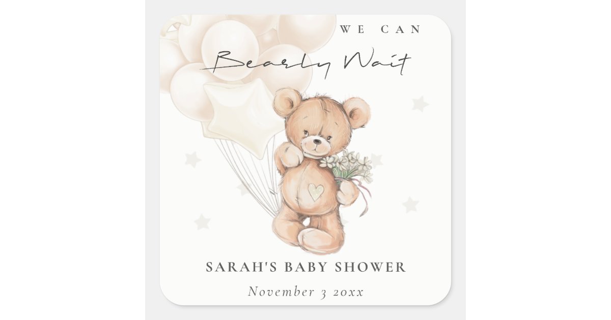 Cute Ivory Bearly Wait Bear Balloon Baby Shower Square Sticker | Zazzle