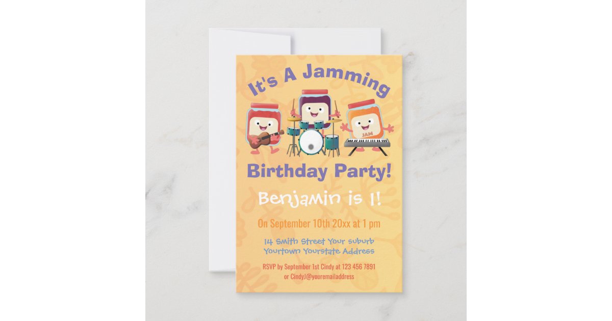 Cute jam session musician cartoon birthday invitation | Zazzle