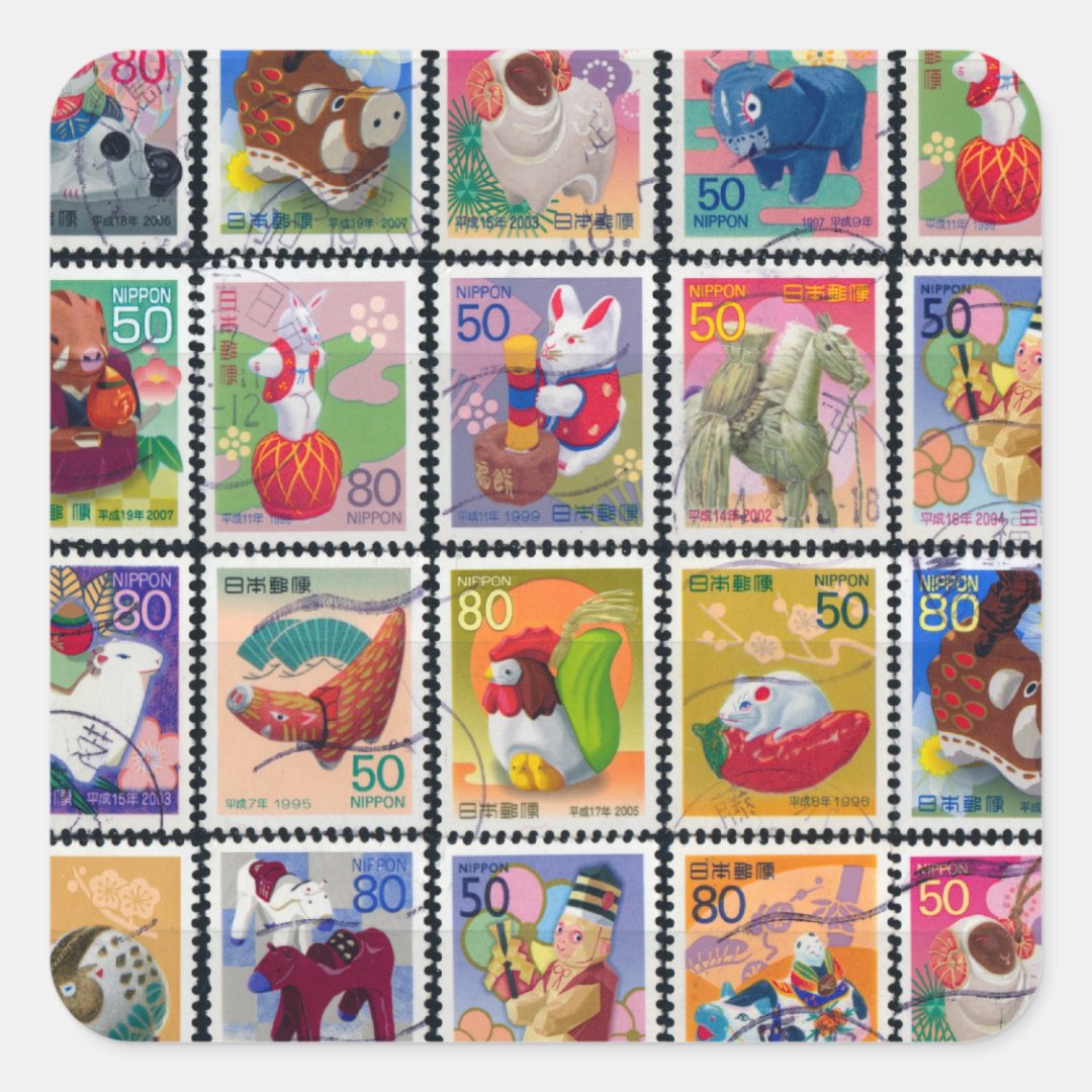 Cute Japan Year of Animal Stamp Pattern Square Sticker | Zazzle