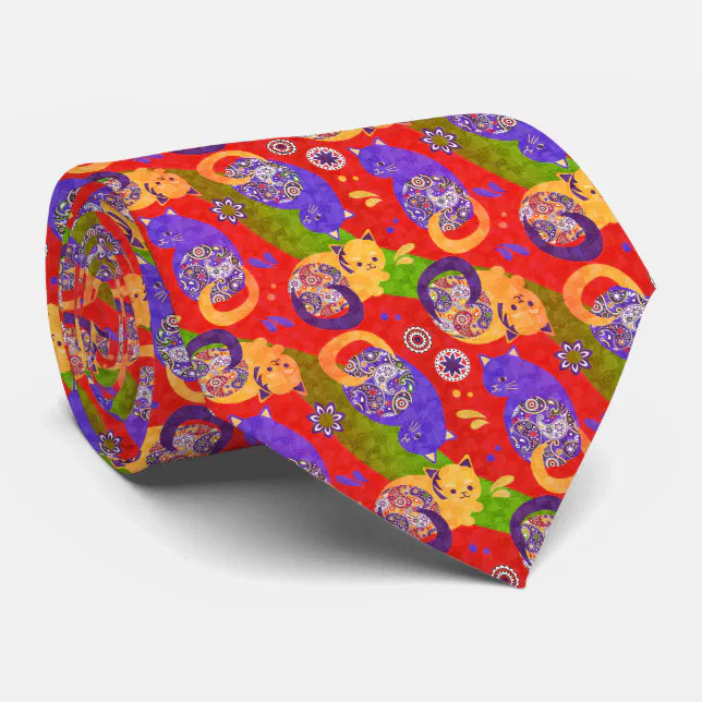 Cute Japanese Cats Red Purple and Green Neck Tie | Zazzle