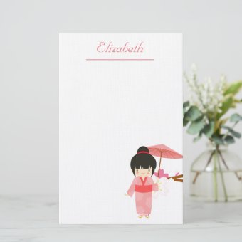Cute Japanese pink Cherry Blossom Geisha Stationery | Zazzle