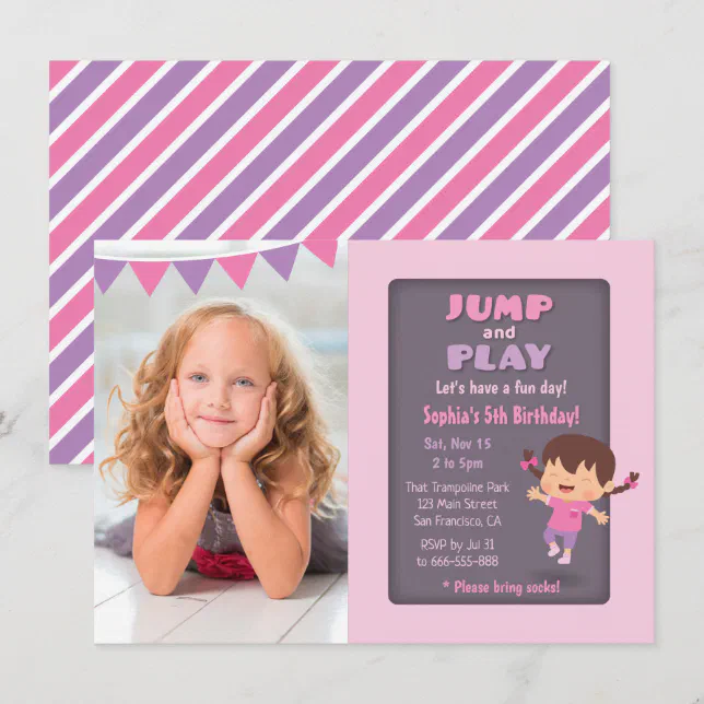Cute Jump Girl Trampoline Photo Birthday Party Invitation | Zazzle