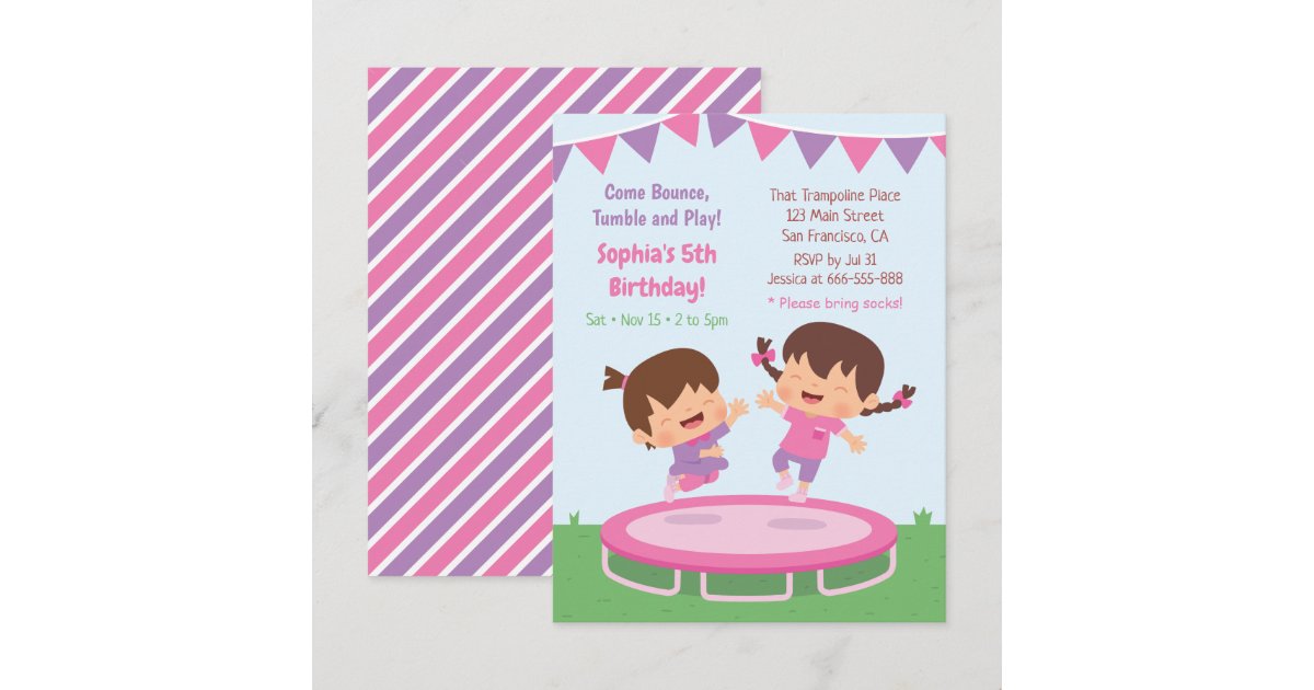 Cute Jumping Girls Trampoline Birthday Party Invitation | Zazzle