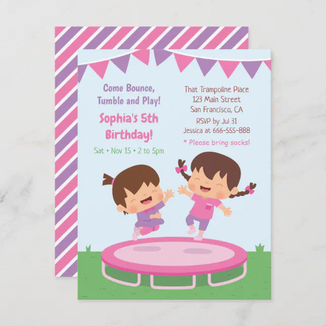 Cute Jumping Girls Trampoline Birthday Party Invitation | Zazzle