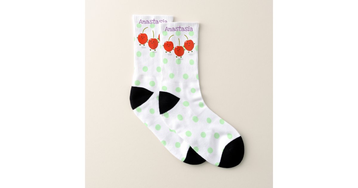 Cute jumping red cherries cartoon illustration socks | Zazzle