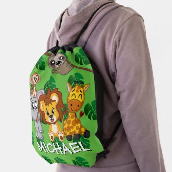 Cute Jungle Animal Green Cartoon Safari Rainforest Drawstring Bag | Zazzle