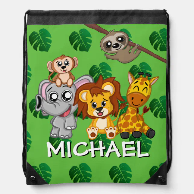 Cute Jungle Animal Green Cartoon Safari Rainforest Drawstring Bag | Zazzle