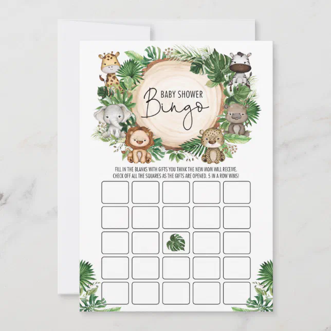 Cute Jungle Animals Bingo Baby Shower Game Card | Zazzle