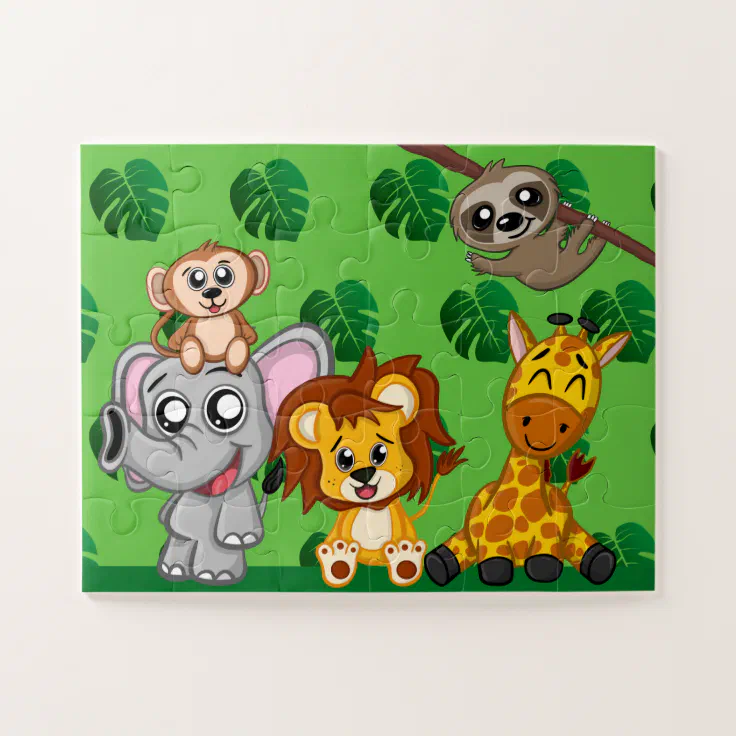 Cute Jungle Animals Cartoon Rainforest Safari Kids Jigsaw Puzzle | Zazzle