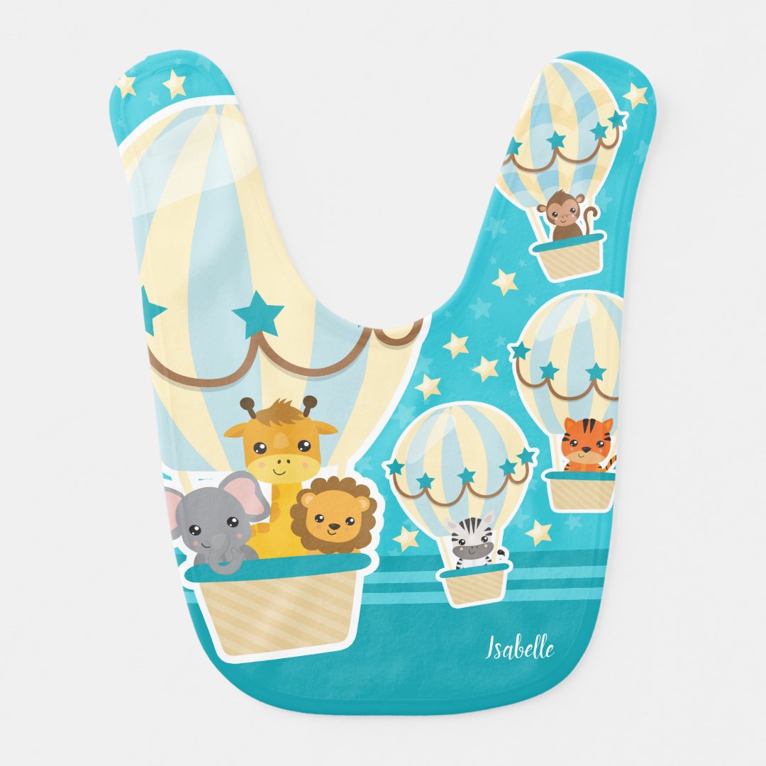 Cute Jungle Animals Flying in Hot Air Balloons Baby Bib | Zazzle