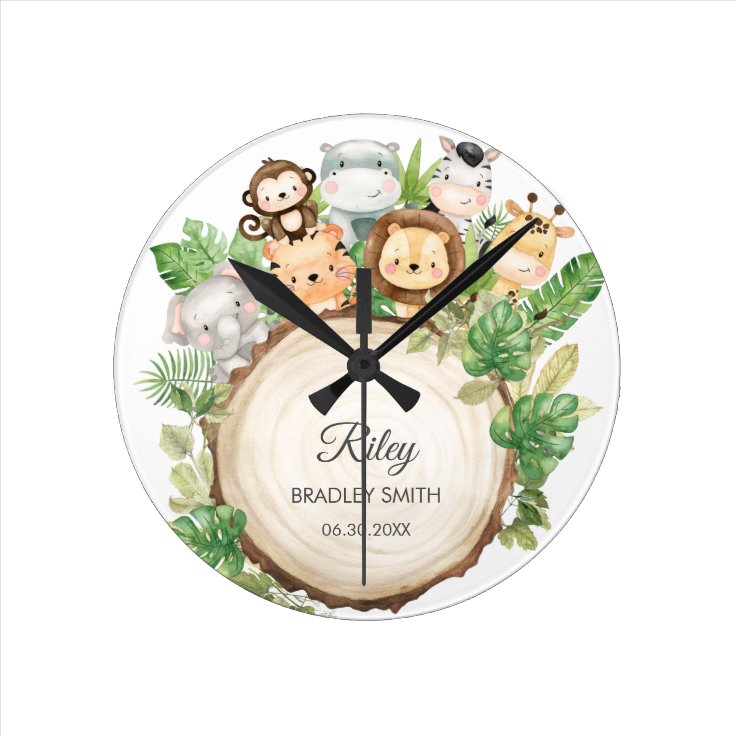 Cute Jungle Animals Greenery Kid's Bedroom Nursery Round Clock | Zazzle