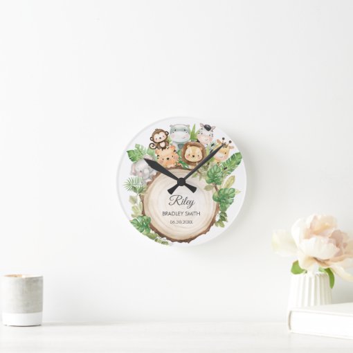 Cute Jungle Animals Greenery Kid's Bedroom Nursery Round Clock | Zazzle