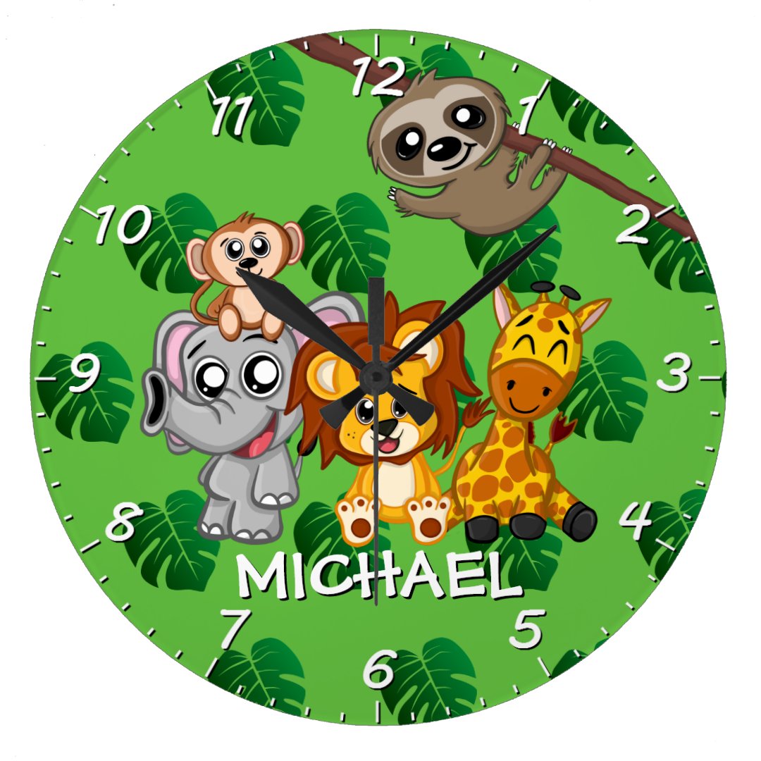 Cute Jungle Animals Rainforest Green Name Cartoon Large Clock | Zazzle