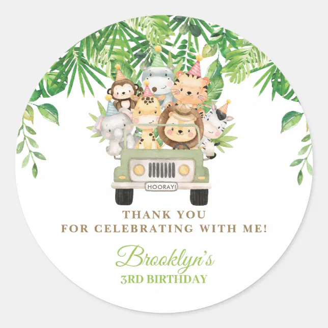 Cute Jungle Animals Safari Car Birthday Favor Classic Round Sticker ...