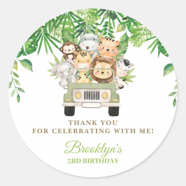 Cute Jungle Animals Safari Car Greenery Favor Classic Round Sticker ...