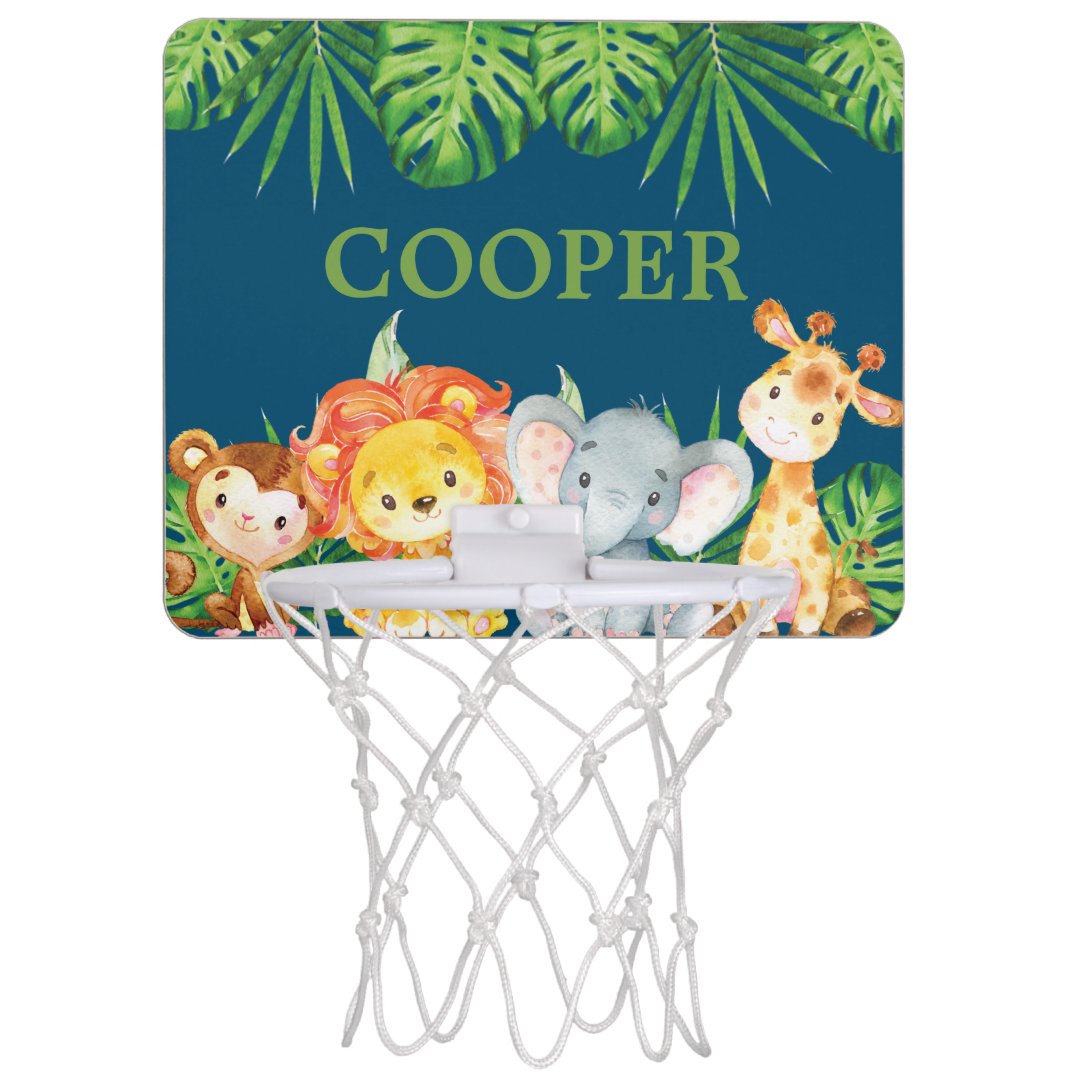 Cute Jungle Animals Safari Tropical Forest Navy Mini Basketball Hoop ...