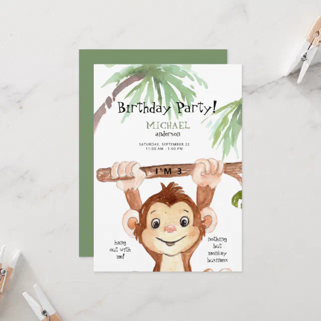 Cute Jungle Monkey Boy Birthday Party Invitation | Zazzle