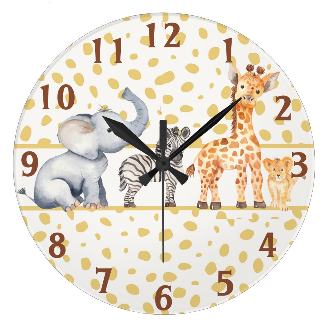Cute Jungle Safari Baby Animals Large Clock | Zazzle