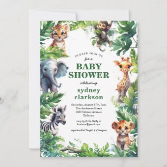 Cute Jungle Safari Tropical Animals Baby Shower Invitation | Zazzle