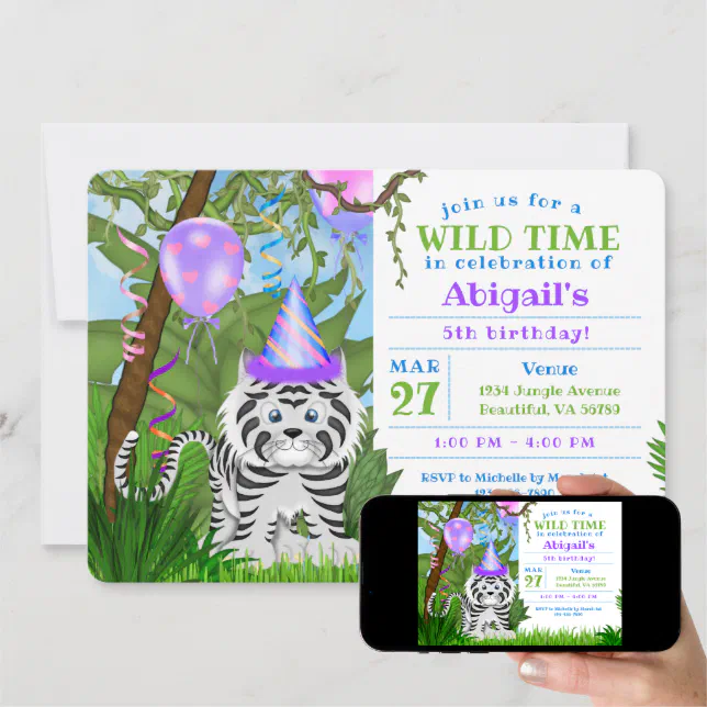 Cute Jungle White Tiger Kids Birthday Party Invitation | Zazzle