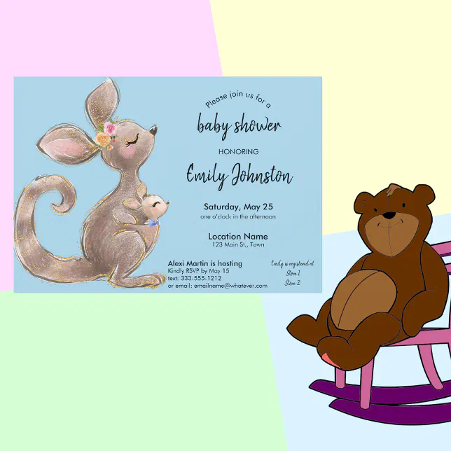 Cute Kangaroo and Joey Blue Baby Shower Invitation | Zazzle