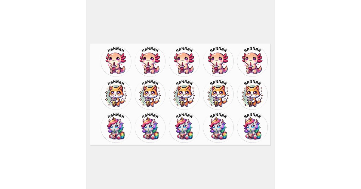 Cute Kawaii Axolotl with Bubble Tea Personalized Kids' Labels | Zazzle