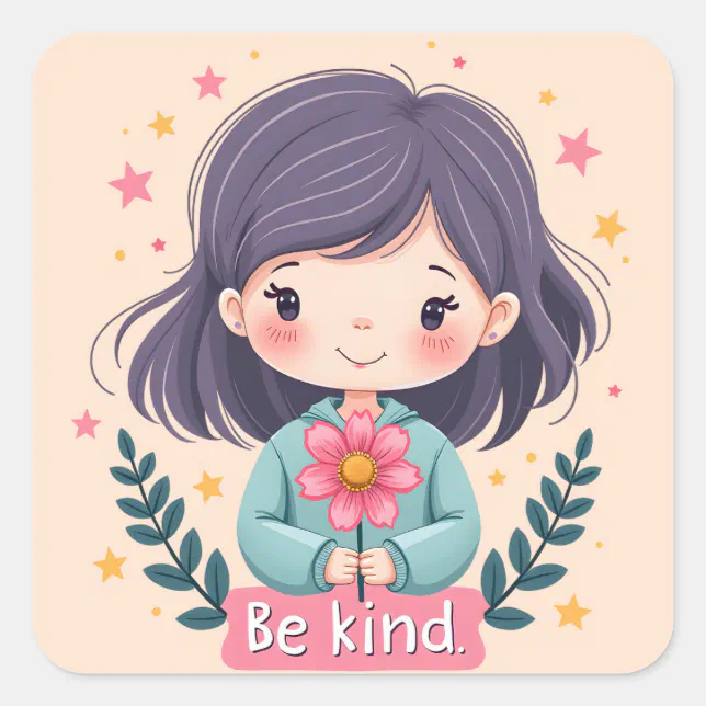 Cute Kawaii "Be Kind" Illustration Square Sticker | Zazzle