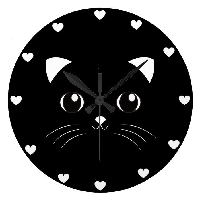 Cute Kawaii Black Cat face outline Large Clock | Zazzle.com