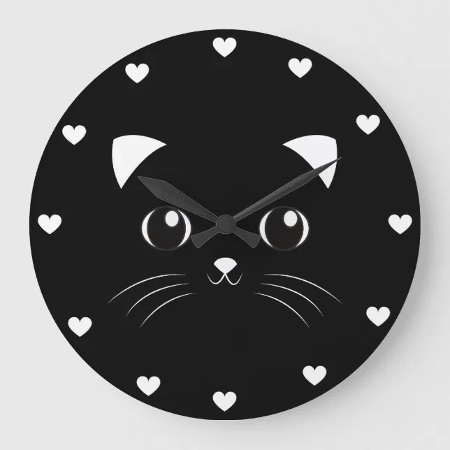 Cute Kawaii Black Cat face outline Large Clock | Zazzle
