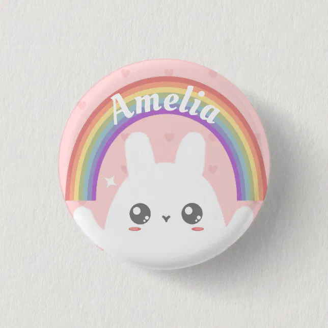 Cute Kawaii Bunny and Rainbow Personalised Button | Zazzle