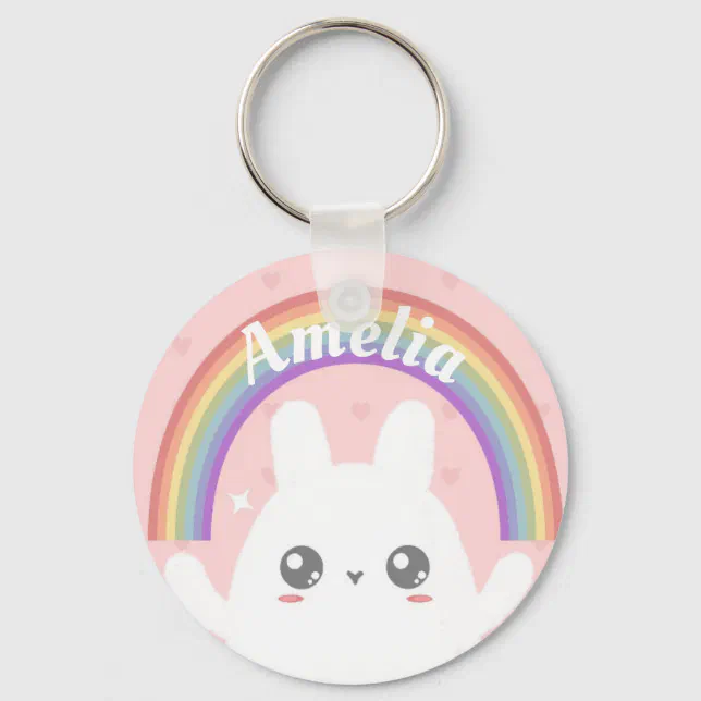 Cute Kawaii Bunny and Rainbow Personalised Keychain | Zazzle
