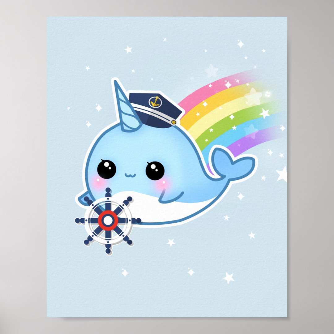 Cute kawaii captain narwhal with rainbow poster | Zazzle