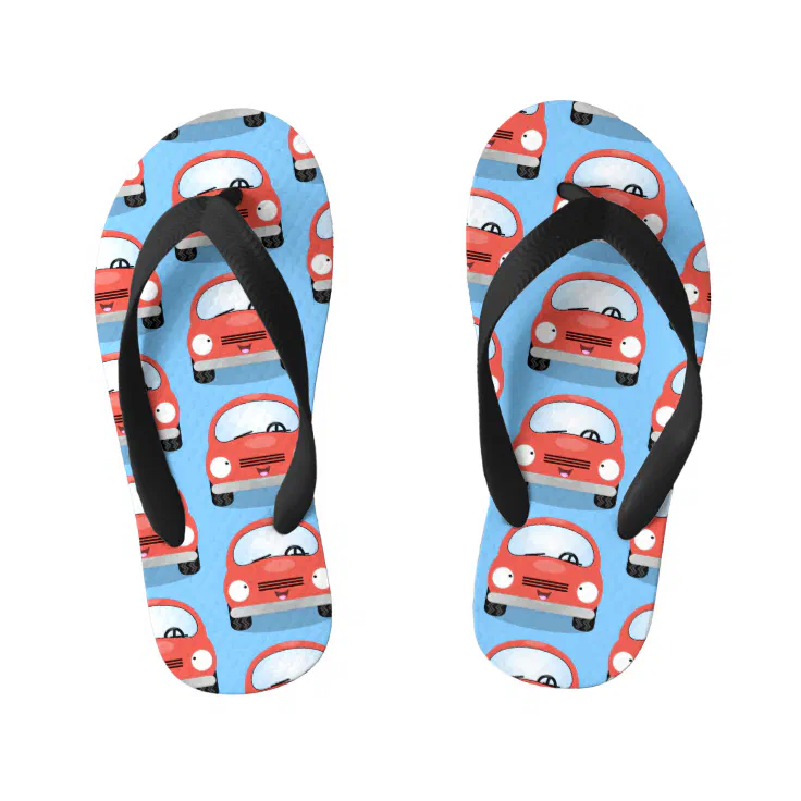 Cute kawaii cars cartoon illustration kid's flip flops | Zazzle